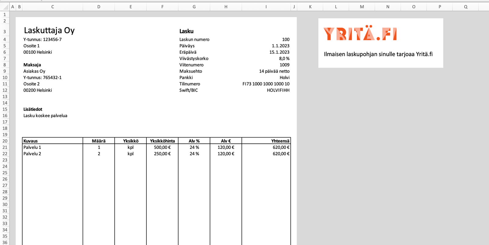 Ilmainen Excel-laskupohja