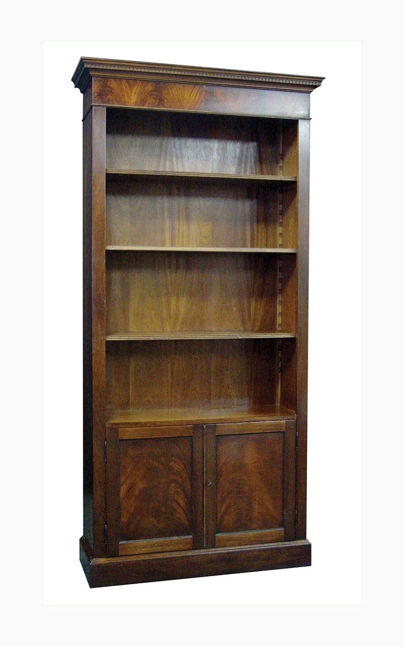 Mid cherry yew wood banded breakfront bookcase on plinth base