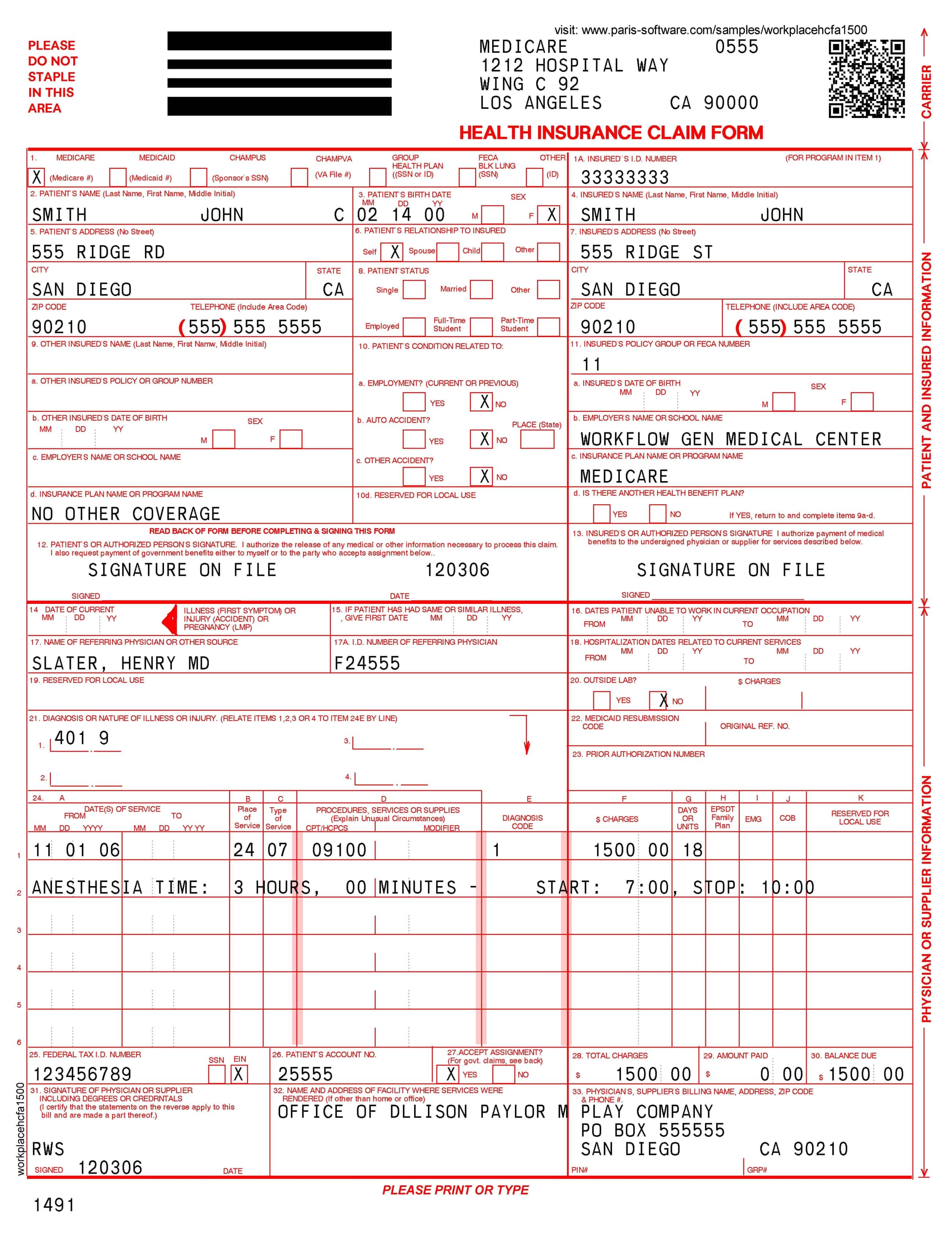 Paris HCFA1500 Form Printing Sample