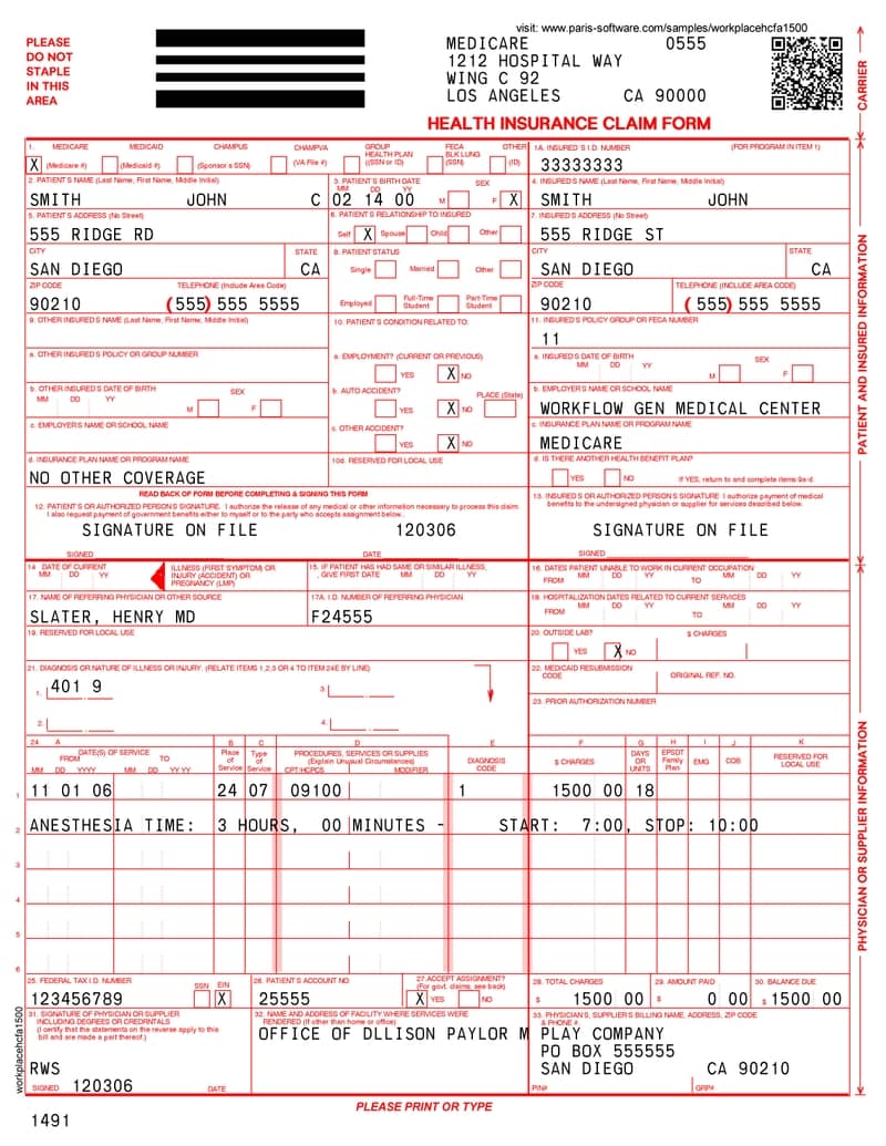 Paris HCFA1500 Form Printing Sample
