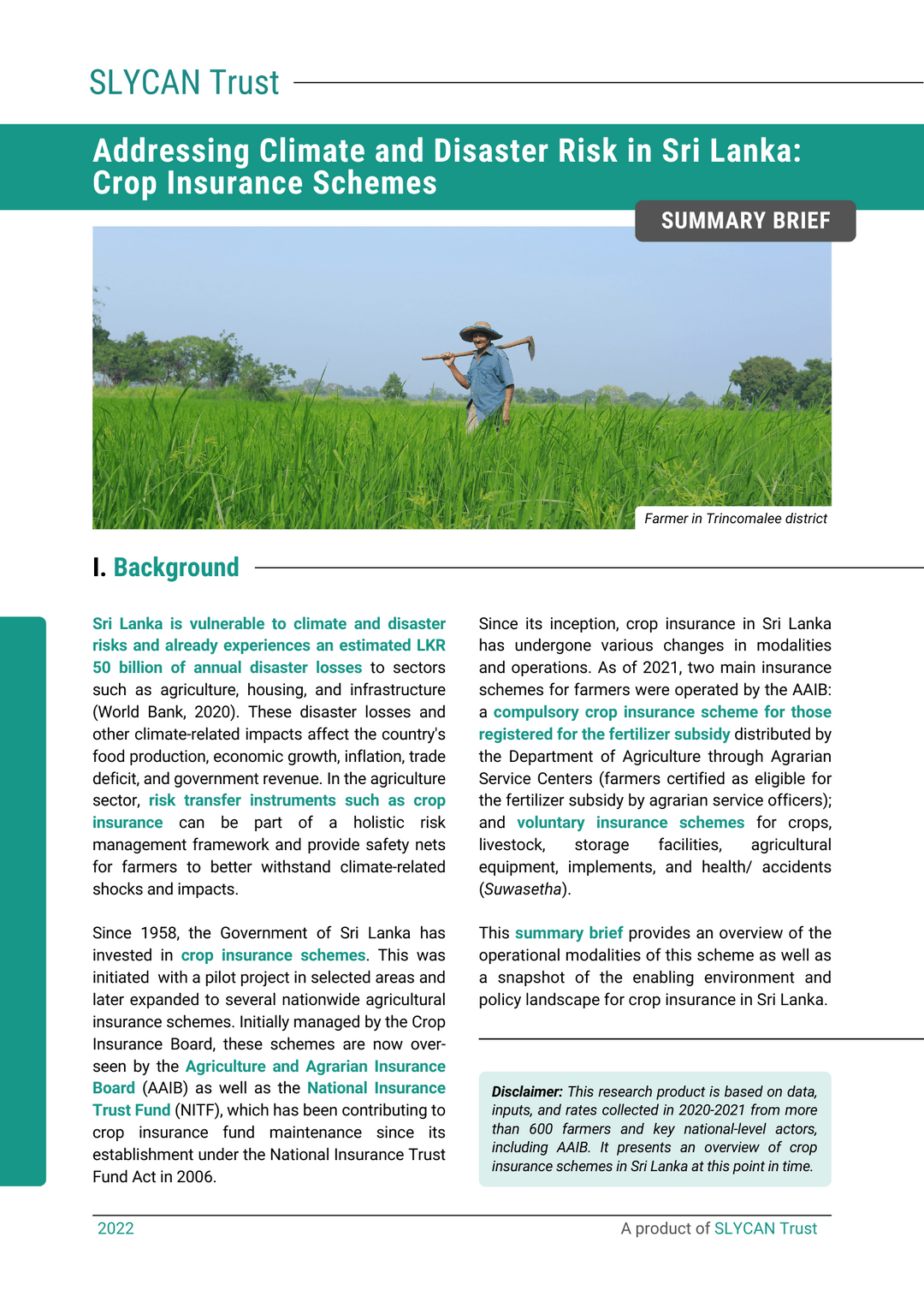 Addressing Climate and Disaster Risk in Sri Lanka: Crop Insurance ...