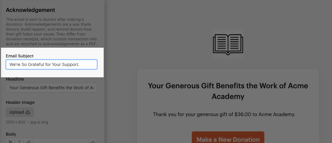 Acknowledgment Email for One-Time Donations - GiveForms