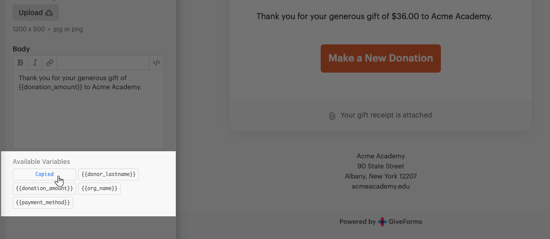 Acknowledgment Email for One-Time Donations - GiveForms