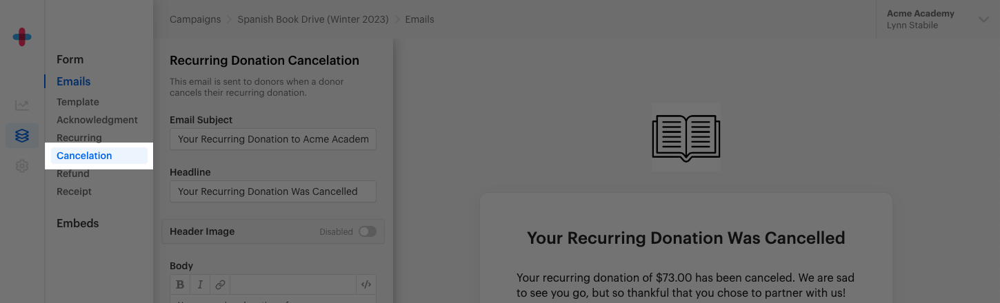 Recurring Donation Cancelation Email - GiveForms