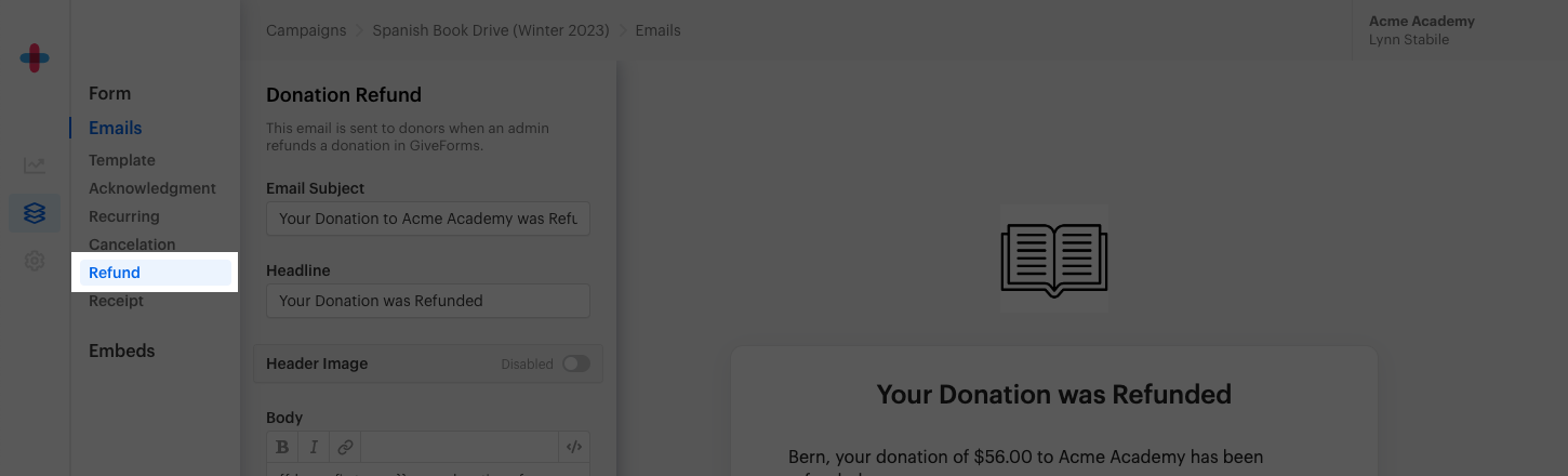 Donation Refund Email - GiveForms