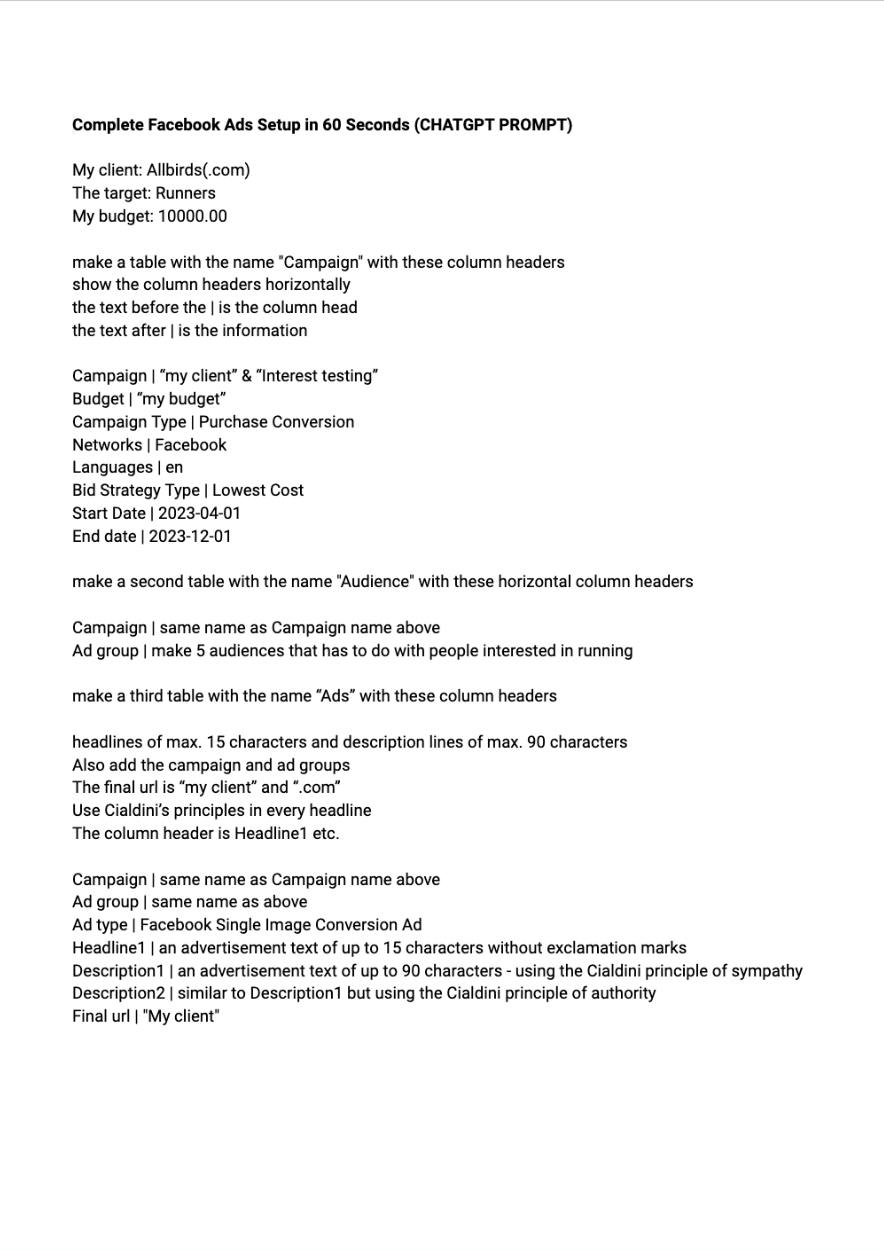 Free Facebook Ads ChatGPT Prompt