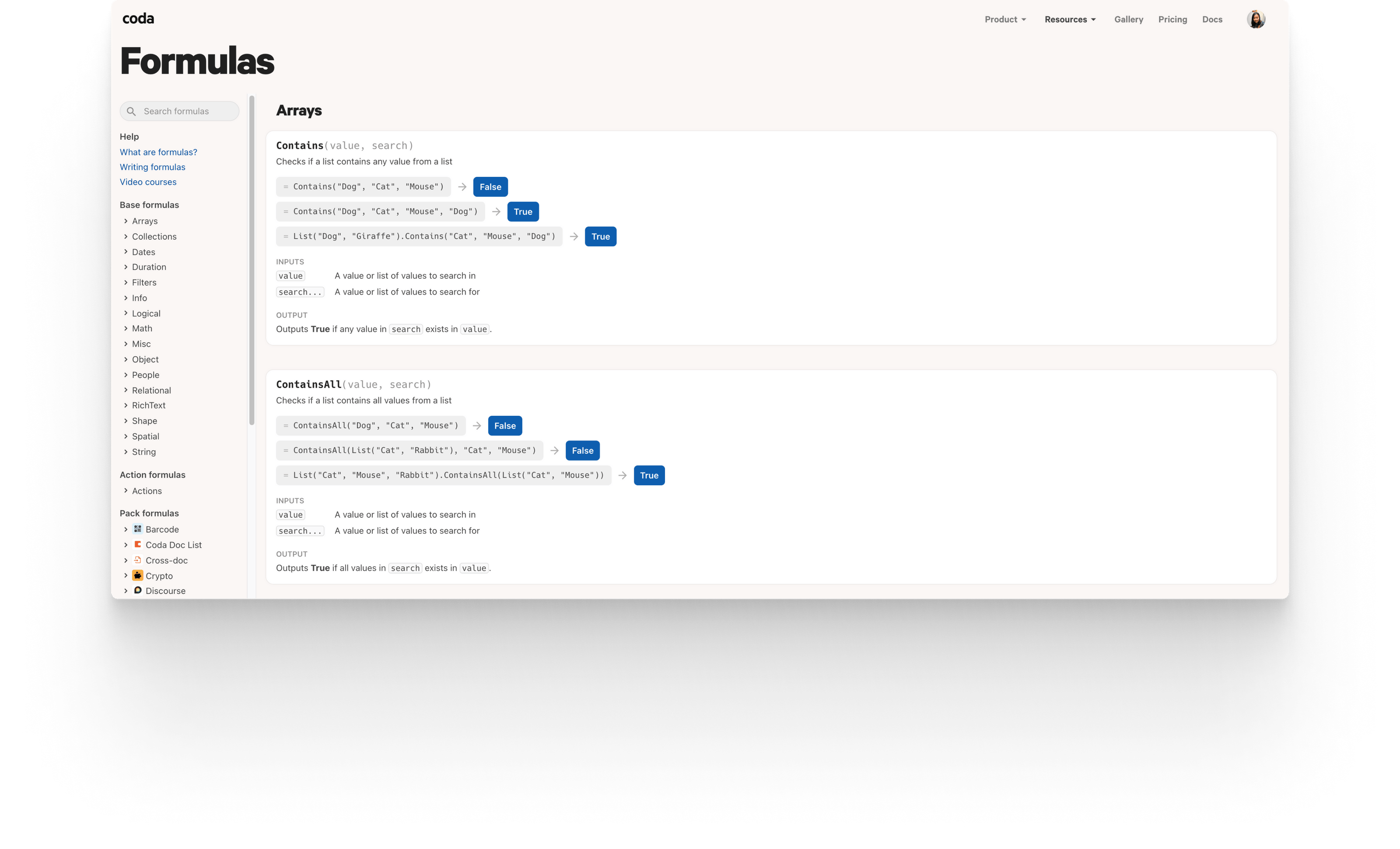 Coda Pack Formulas