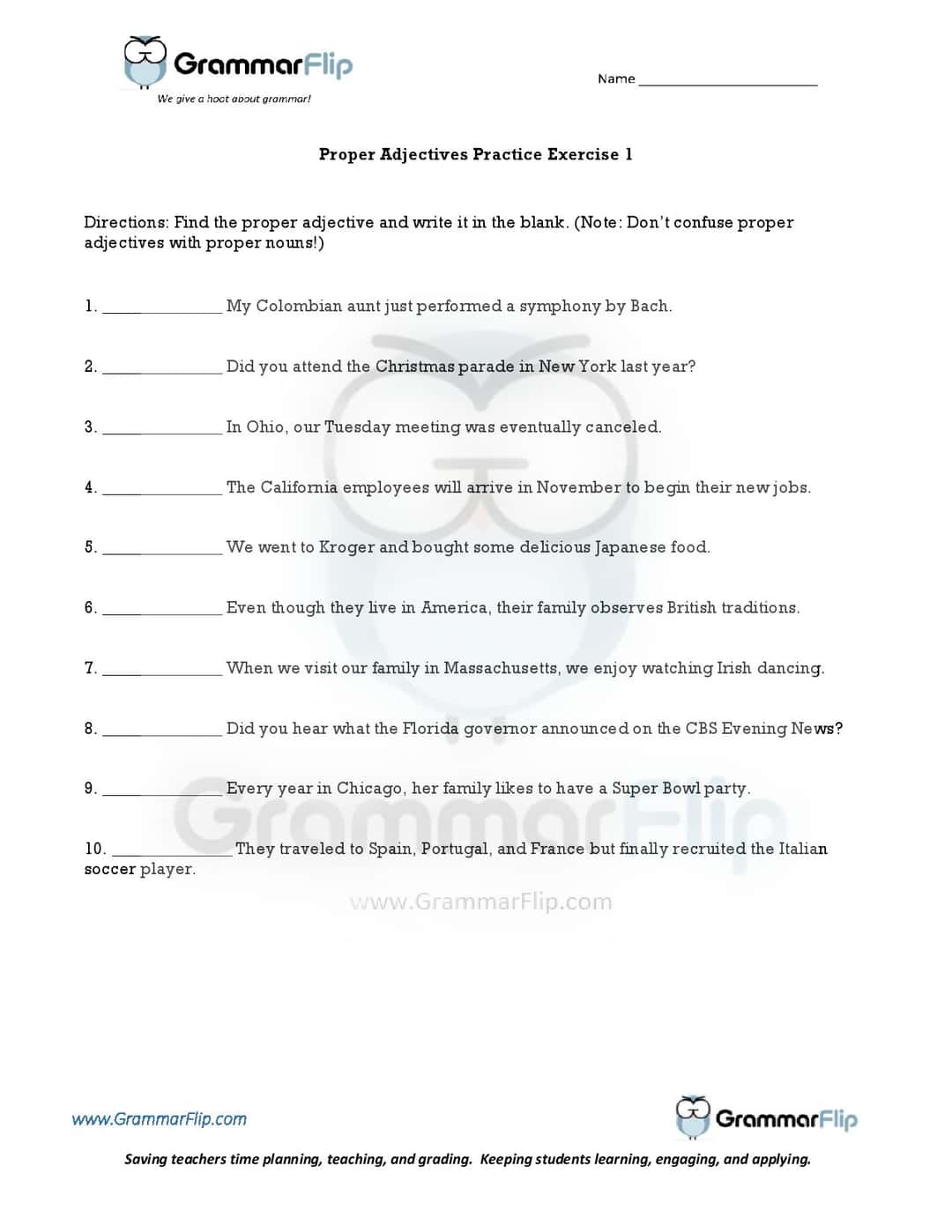 Proper Adjectives - Free Worksheet