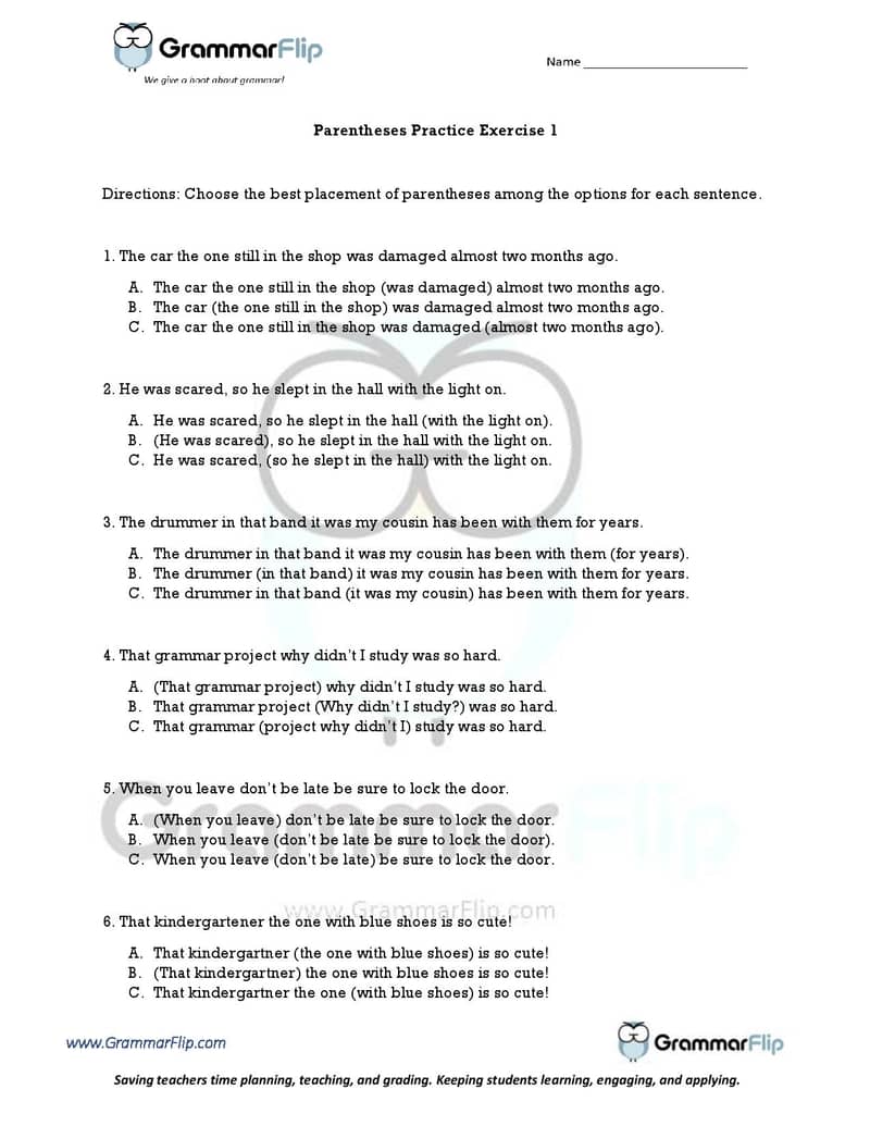 Parentheses - Free Worksheet