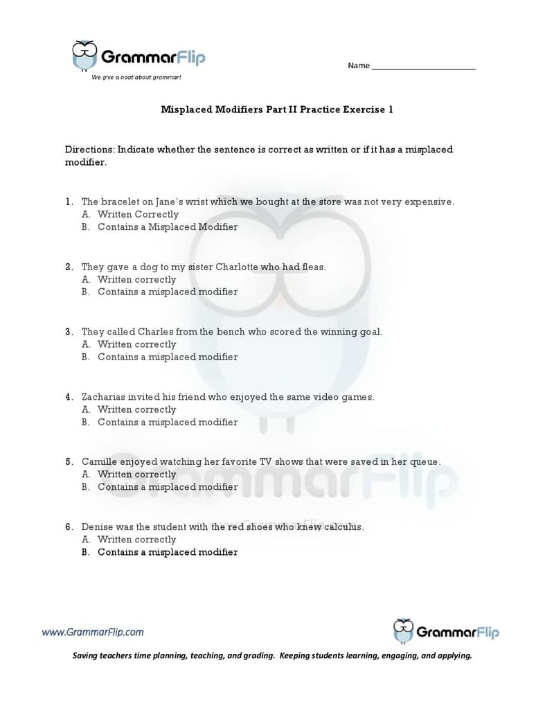 Misplaced Modifiers (Clauses) - Free Worksheet