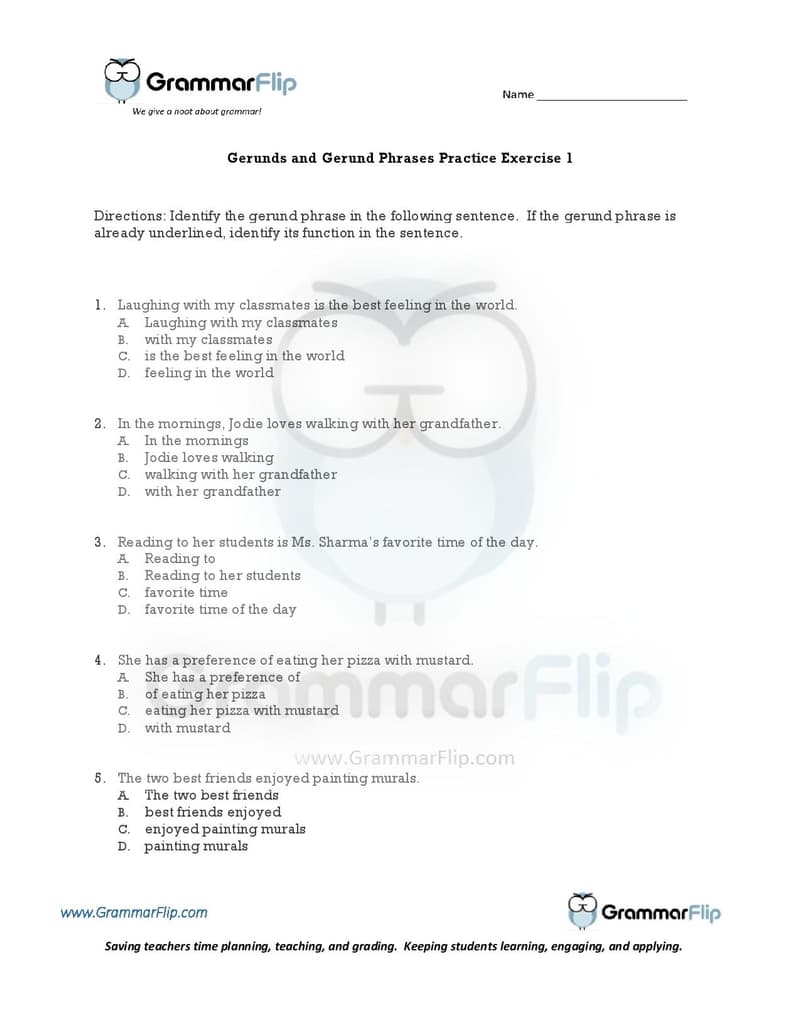 Gerunds and Gerund Phrases - Free Worksheet