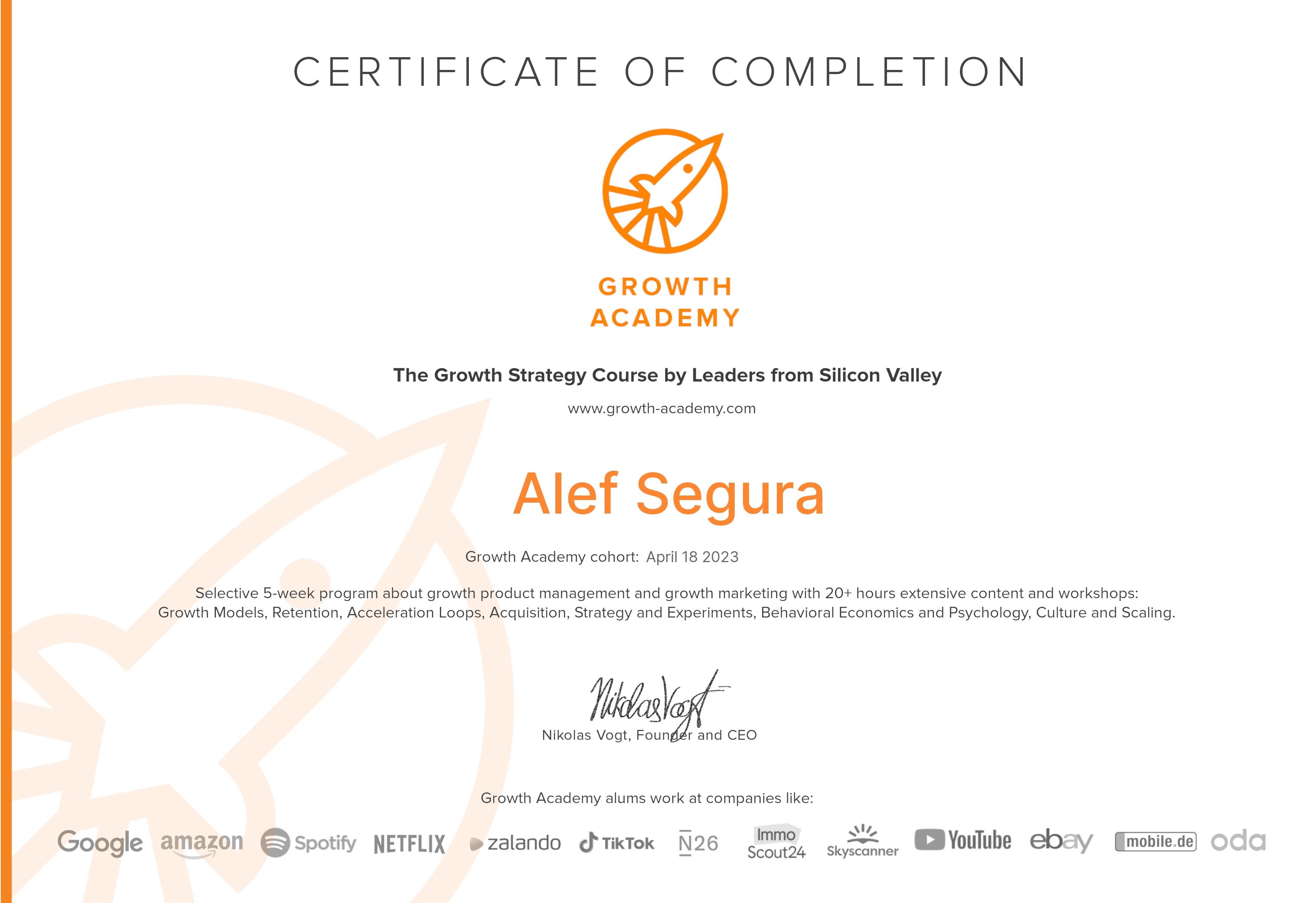 Alef Segura's Growth Academy Certificate