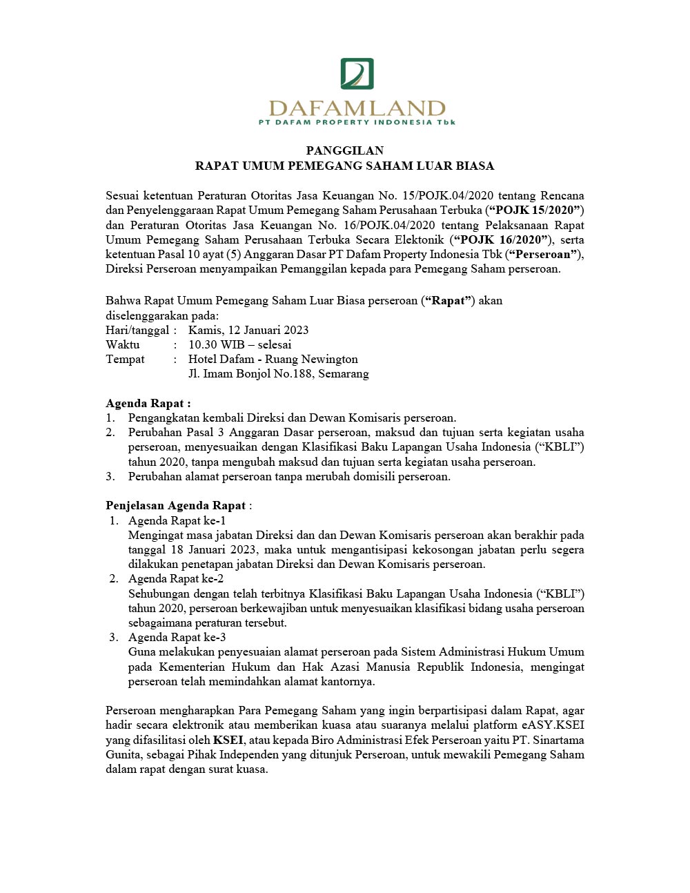 RUPS LB - Panggilan Rapat Umum Pemegang Saham Luar Biasa 2023