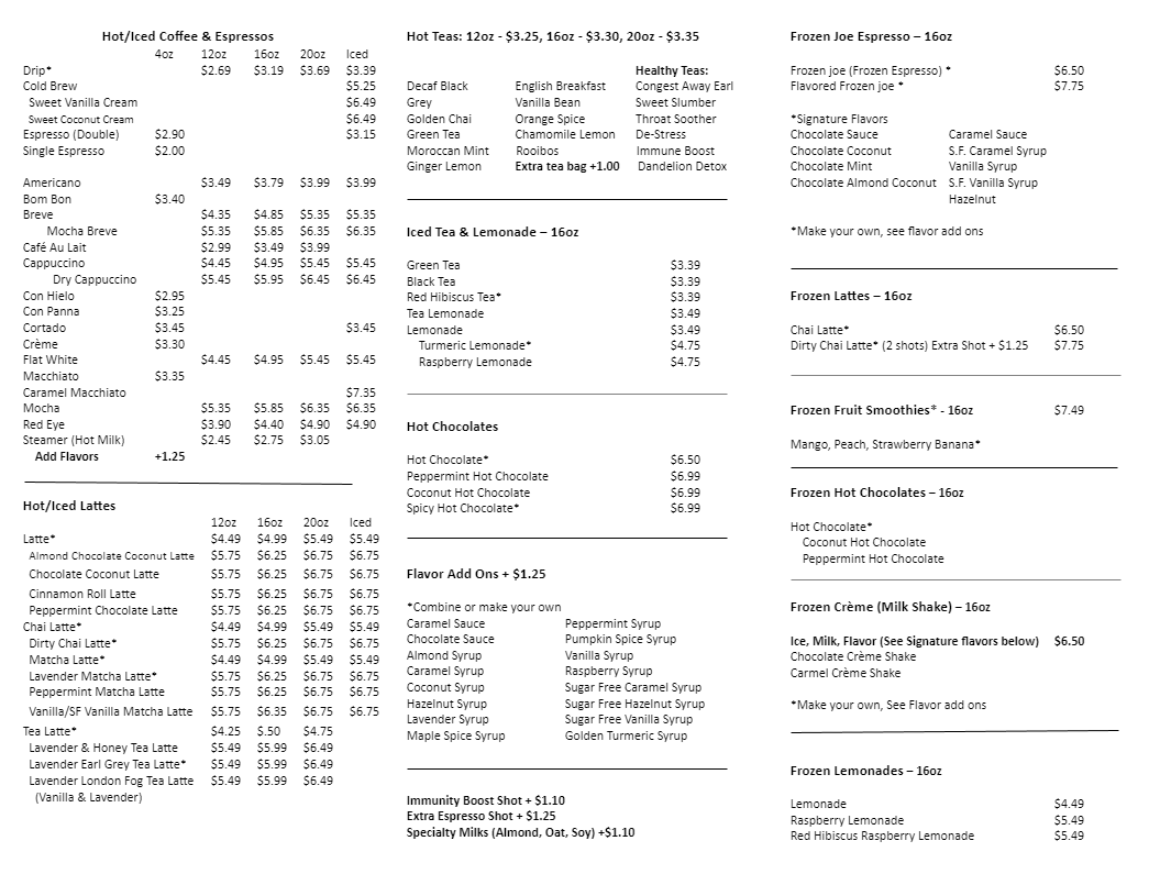 joe coffee Provincetown Menu