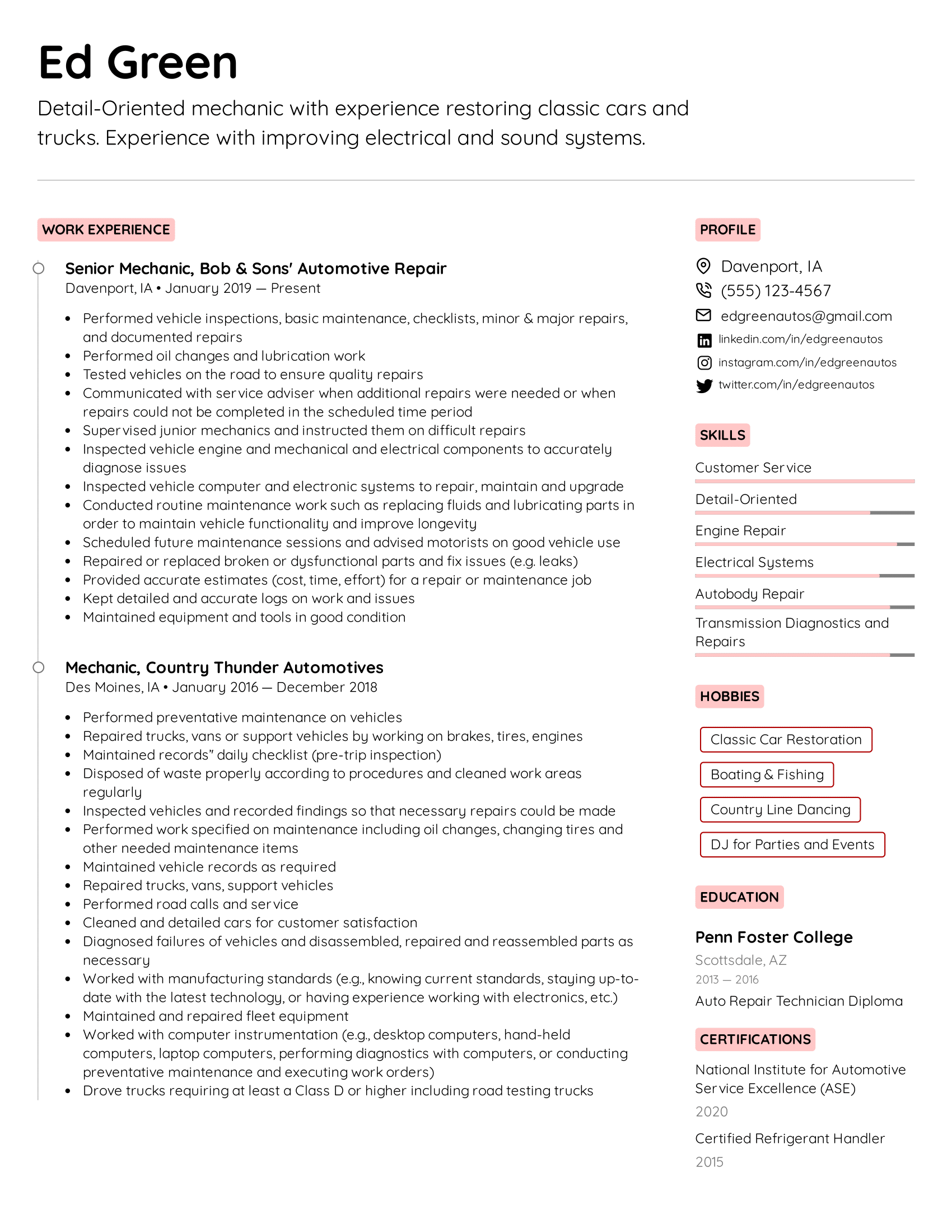Mechanic Resume Example Writing Tips For 2020 Mechanic Resume Example Writing Tips For 2020