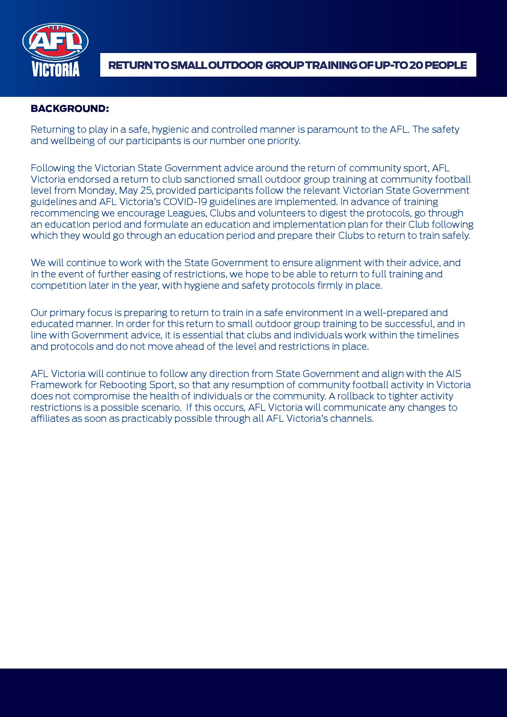 AFL Victoria Return to Training Protocols