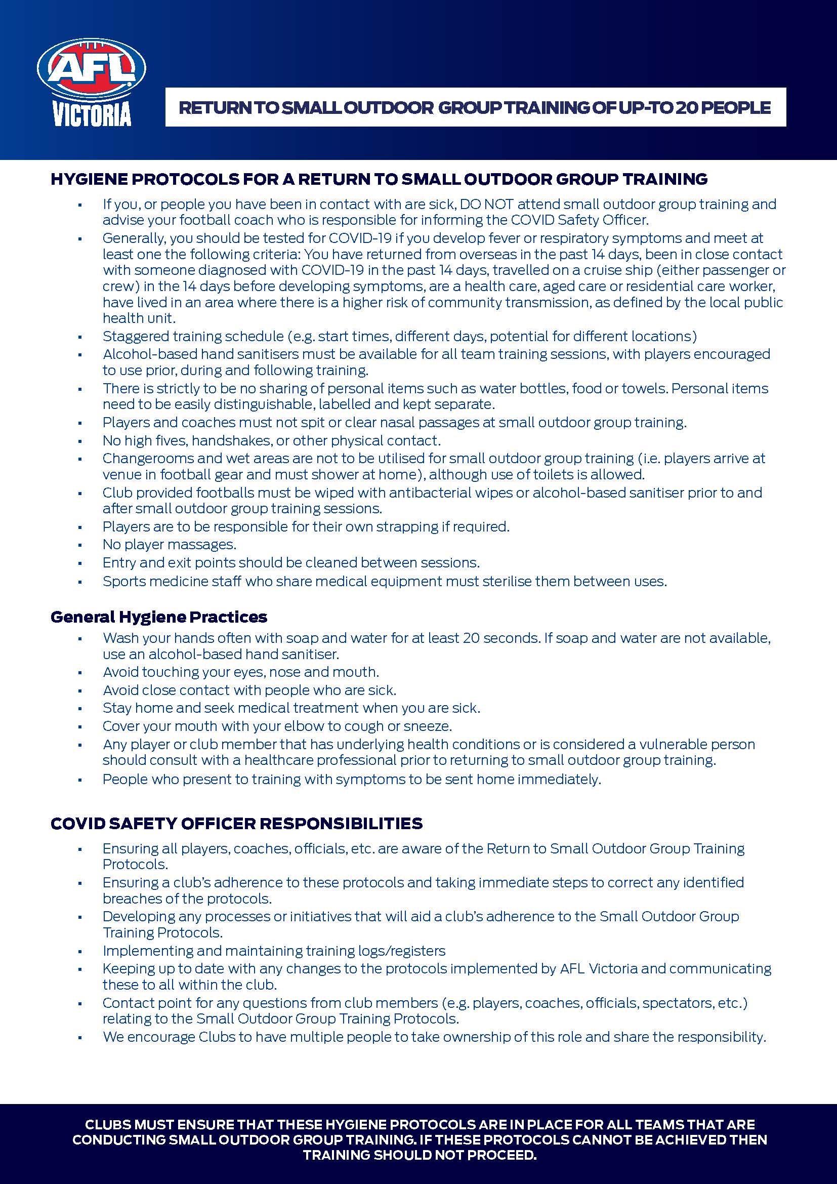 AFL Victoria Return to Training Protocols