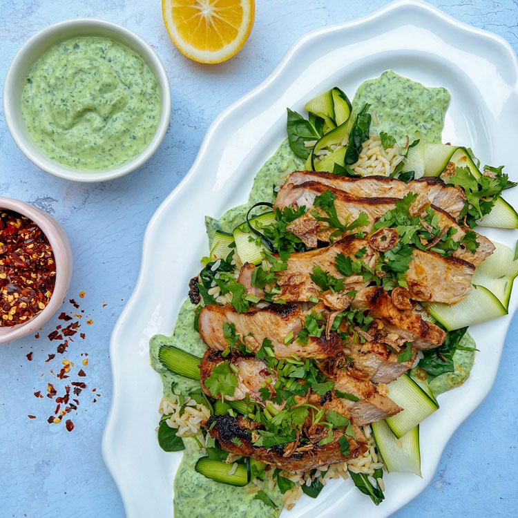 Peruvian inspired pork with a brown rice salad and Aji Verde | NZ Pork