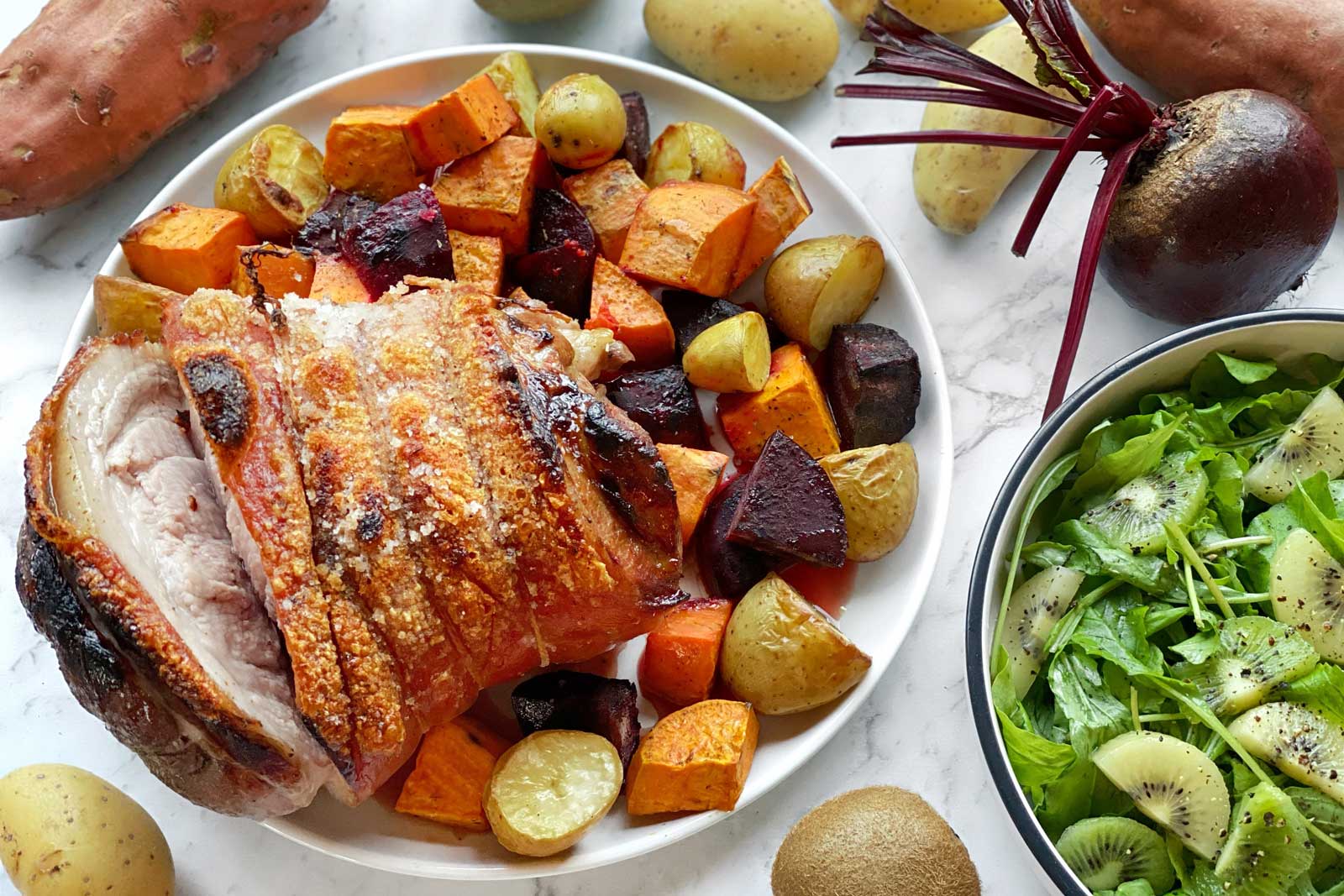 Mānuka Honey Roast Pork with Roasted Kūmara, Potatoes, & Beetroot | NZ Pork