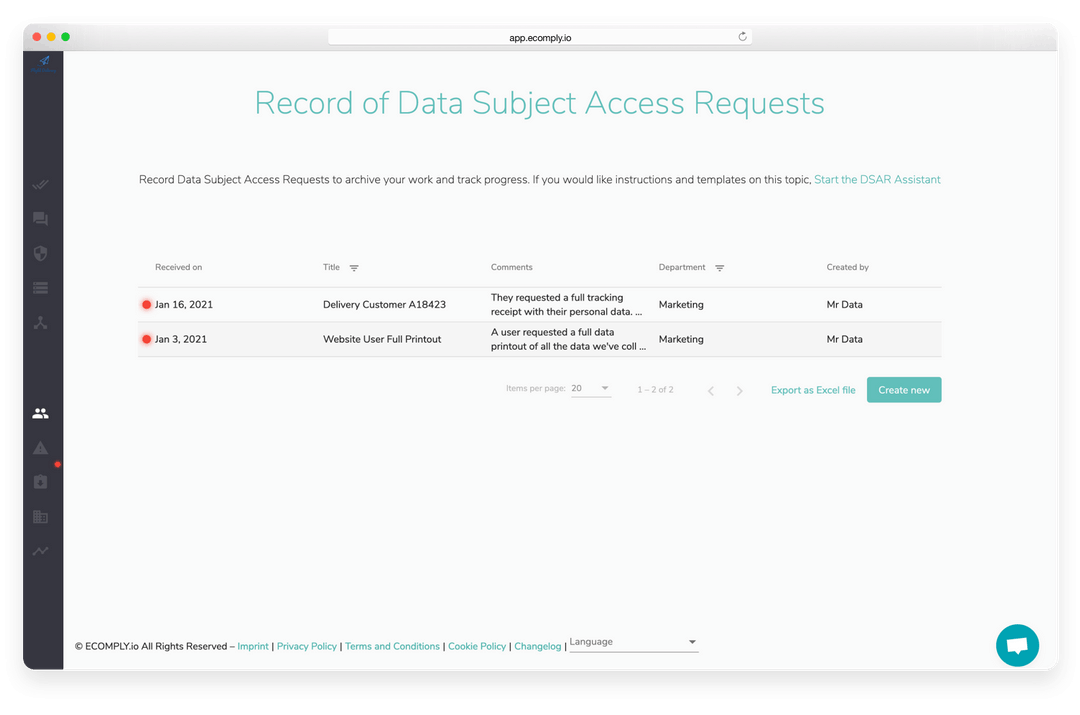 Data Subject Access Requests Tracker - ECOMPLY