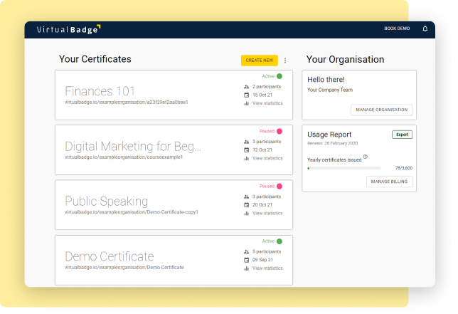 Manage Digital Certificates for your Courses | Virtualbadge.io
