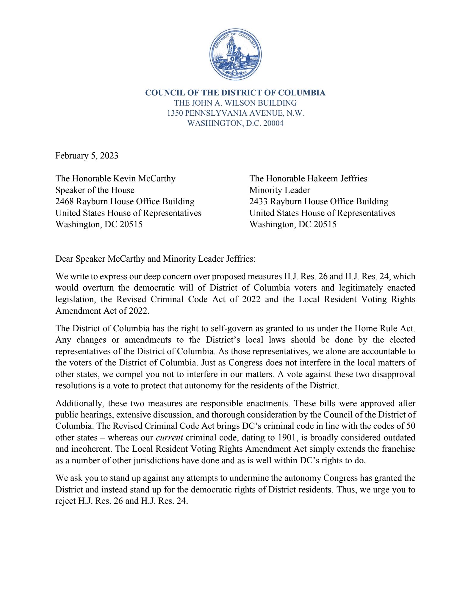 DC Council stands united in sending letter to Congressional leadership ...