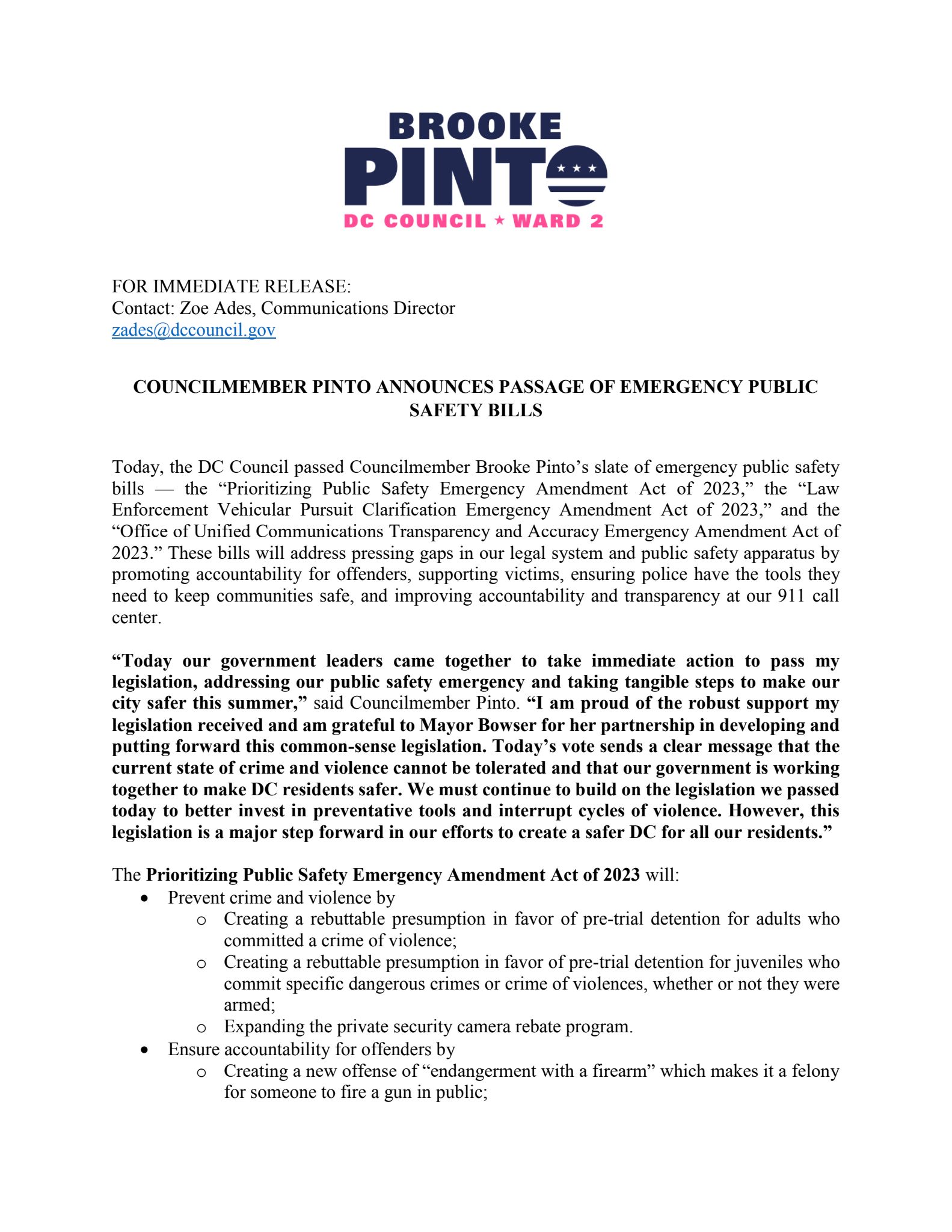 Councilmember Pinto announces passage of emergency public safety bills ...