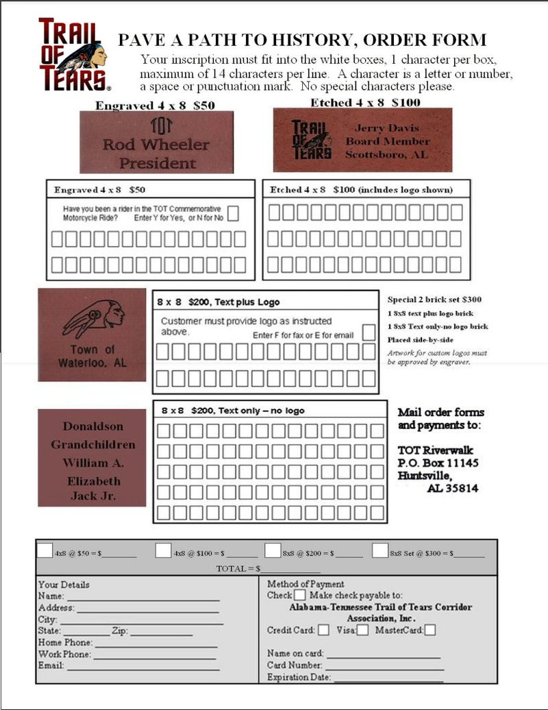 Waterloo River Walk Brick Order Form