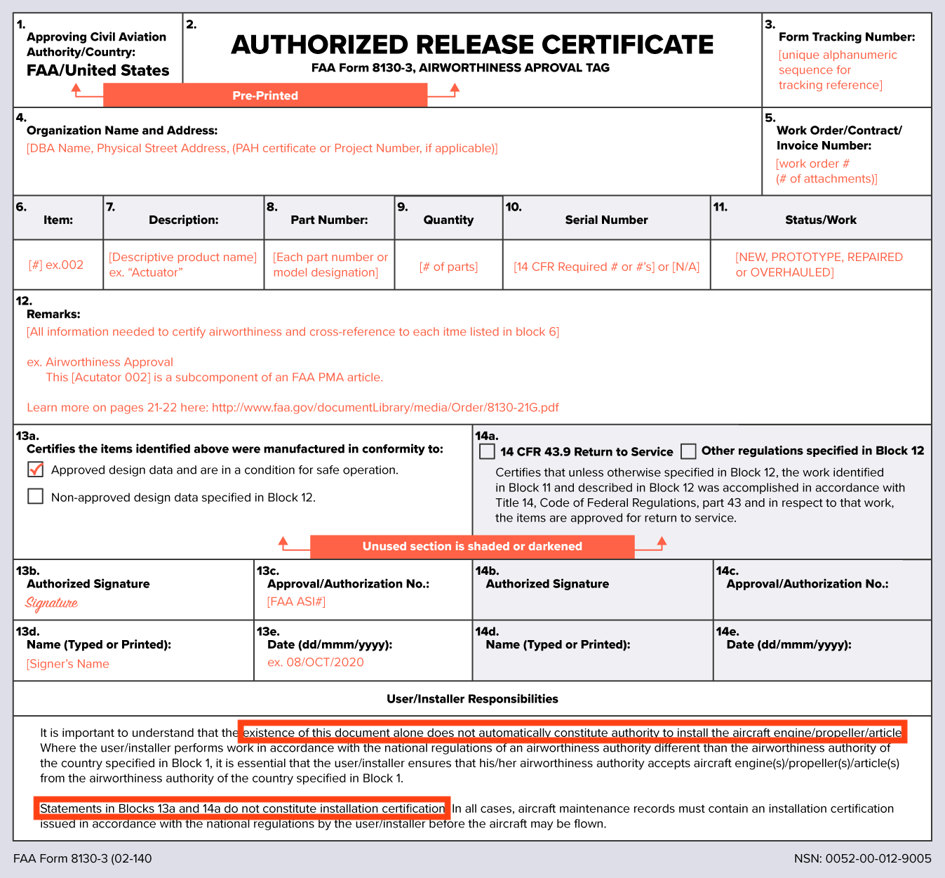FAA 8130 3 Form Airworthiness Approval Tag Instructions 