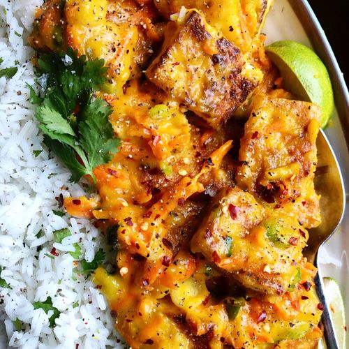 Crispy Tofu with Orange Mango Ginger Sauce - Sara Tane