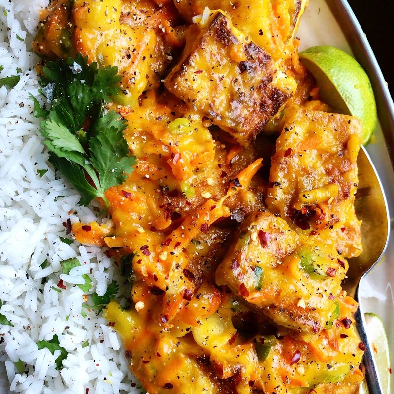 Crispy Tofu with Orange Mango Ginger Sauce - Sara Tane