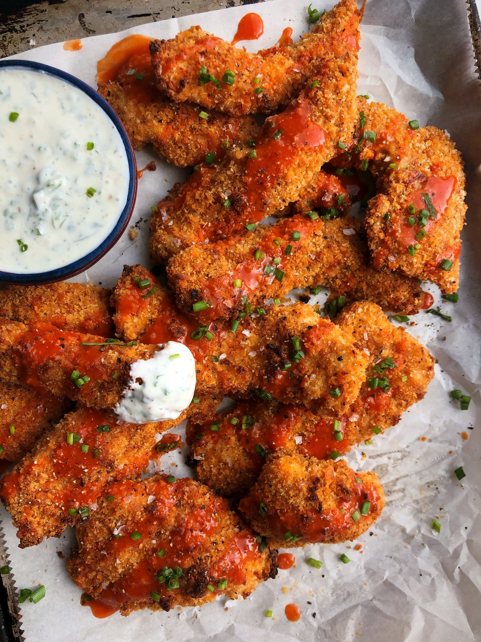 Cheez-Its Crusted Baked Chicken Tenders with Buffalo Sauce and Homemade ...