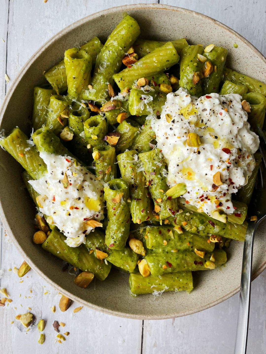 Creamy One Pot Rigatoni with Basil-Pistachio Pesto & Burrata - Sara Tane