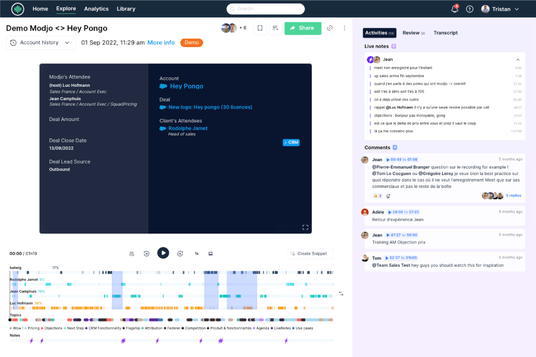 Plateforme dédiée à la productivité des équipes commerciales | Modjo