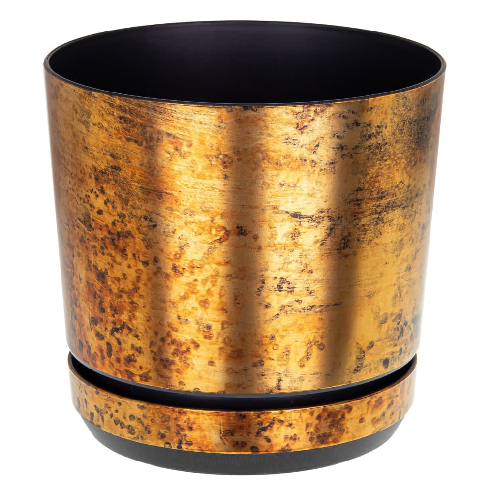 Antique gold plant pot with drainage holes and saucer.