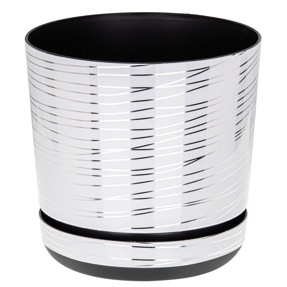 White strip plant pot with drainage holes and saucer.