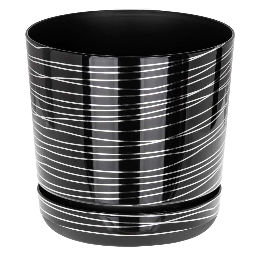 Black strip plant pot with drainage holes and saucer.