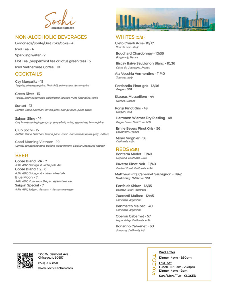Menus - Sochi Kitchen - Saigonese - Vietnamese Restaurant - Chicago ...