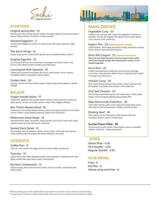 Menus - Sochi Kitchen - Saigonese - Vietnamese Restaurant - Chicago ...
