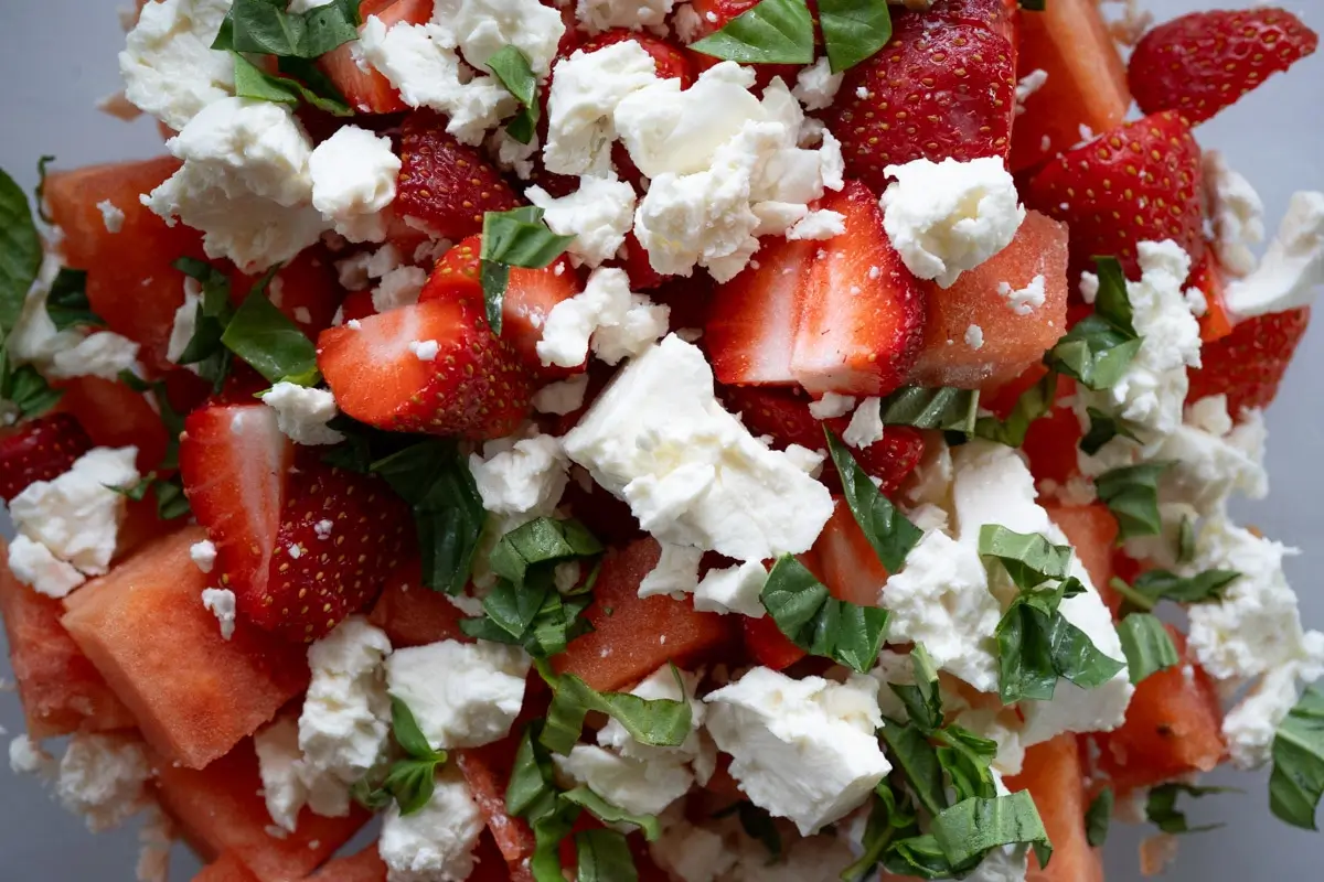 Easy Watermelon Basil Salad with Strawberries and Feta