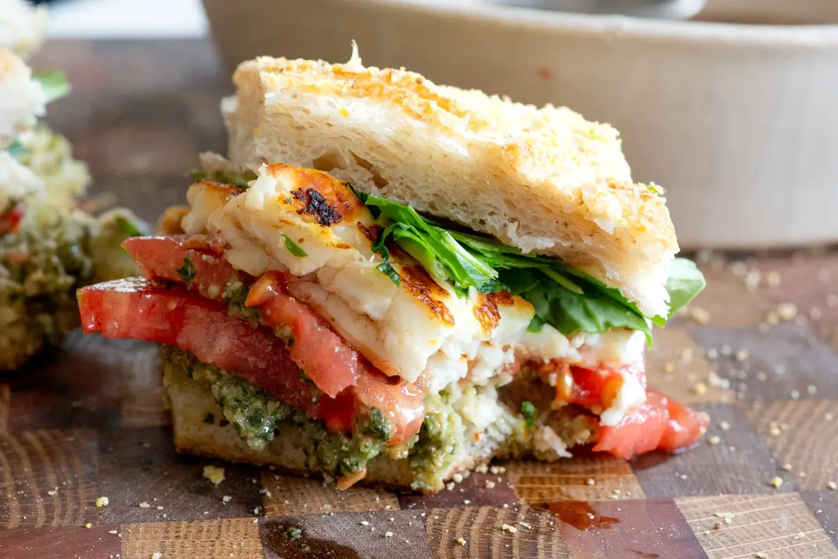 Grilled Halloumi Sandwich with Pesto and Balsamic Tomatoes