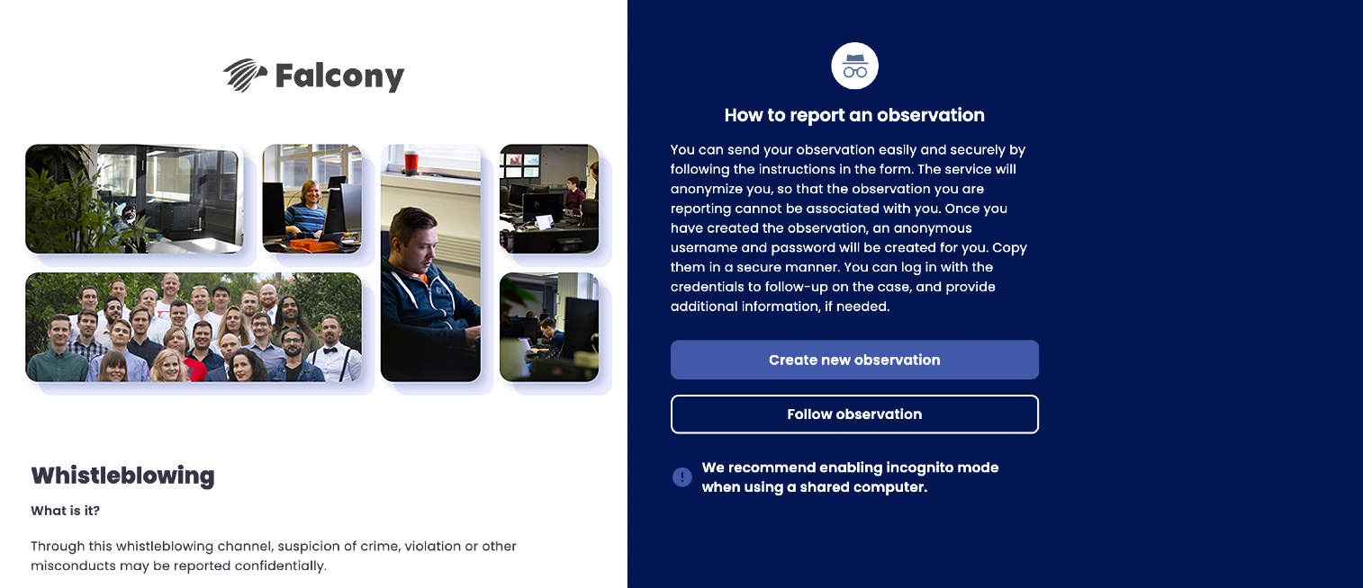 Anonymous whistleblowing channel | Falcony