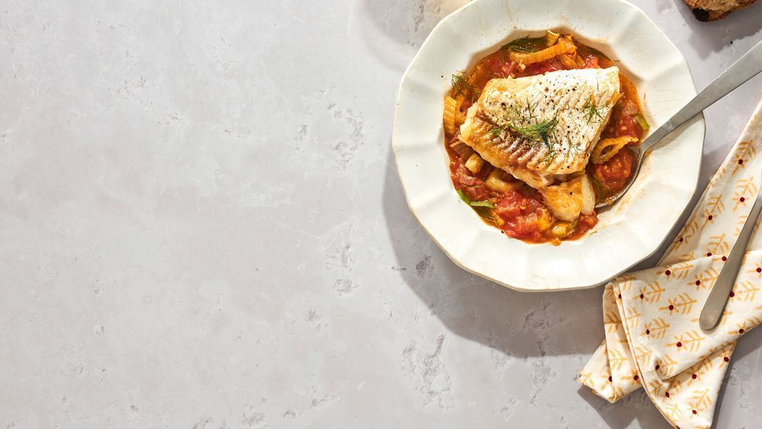 Pacific Cod with Spicy Stewed Tomatoes, Fennel and Basil