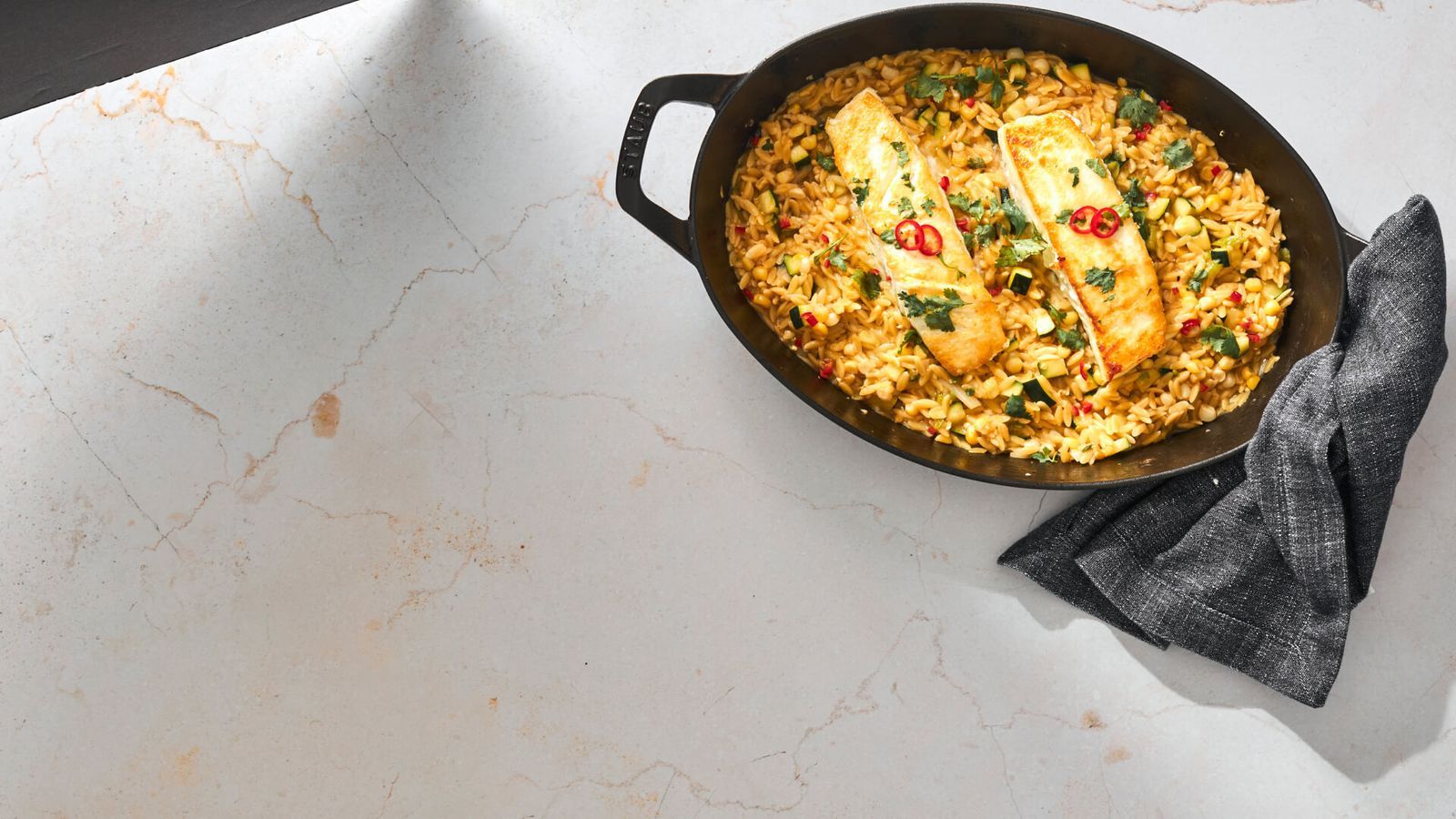 Summer Skillet Orzo with Seared White Fish