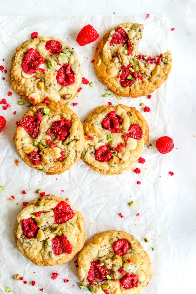 White chocolate, pistachio and raspberry cookies