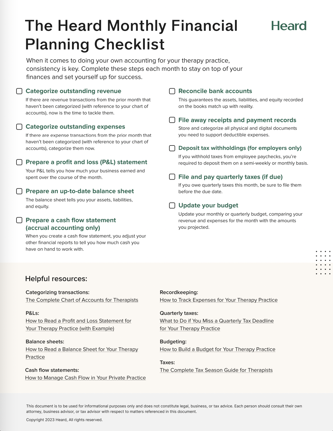 The Heard Monthly Financial Planning Checklist Heard The Heard Monthly Financial Planning Checklist Heard