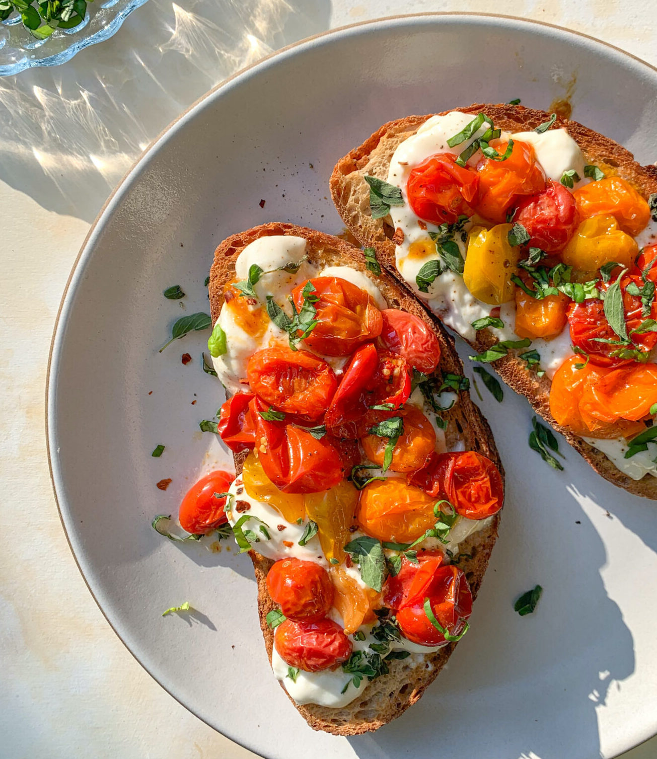 Slow Roasted Tomatoes with Burrata + Crusty Bread