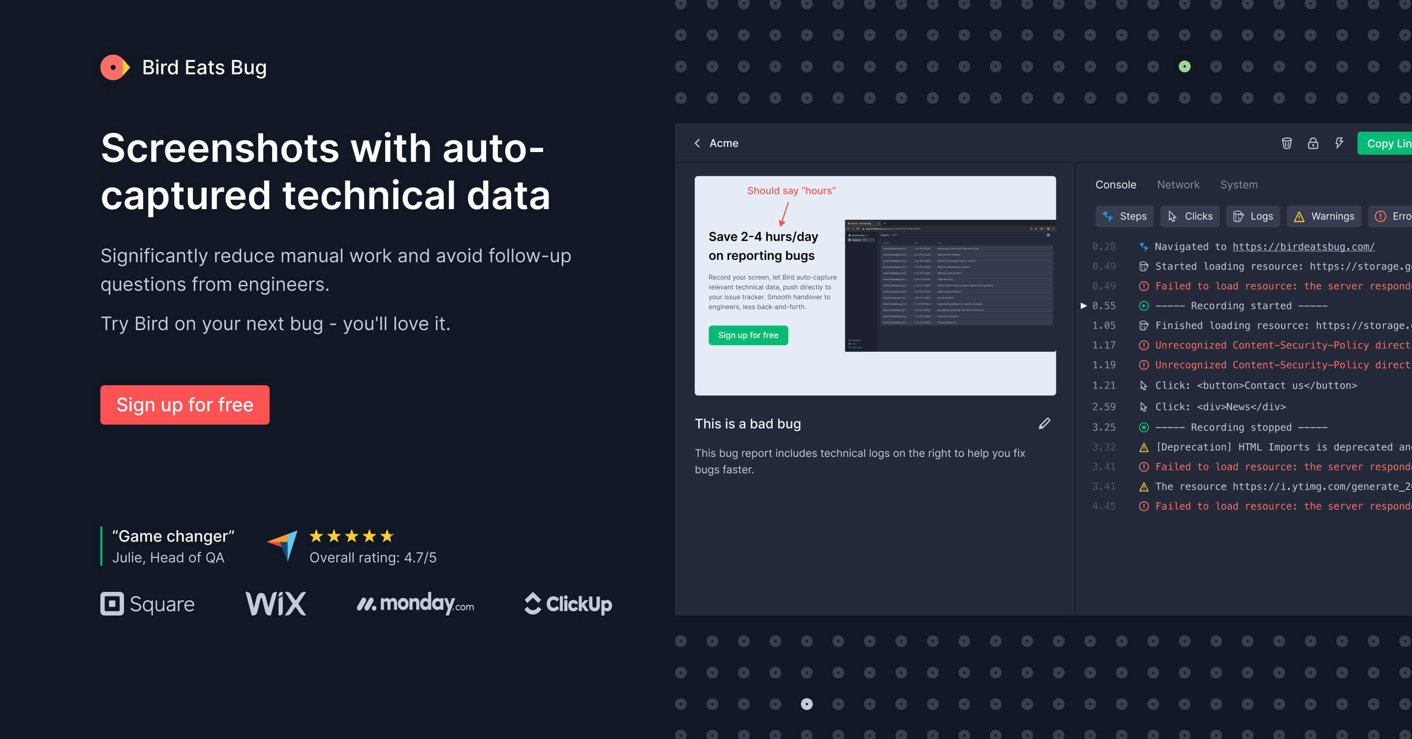 Report bugs faster and better | Bird Eats Bug