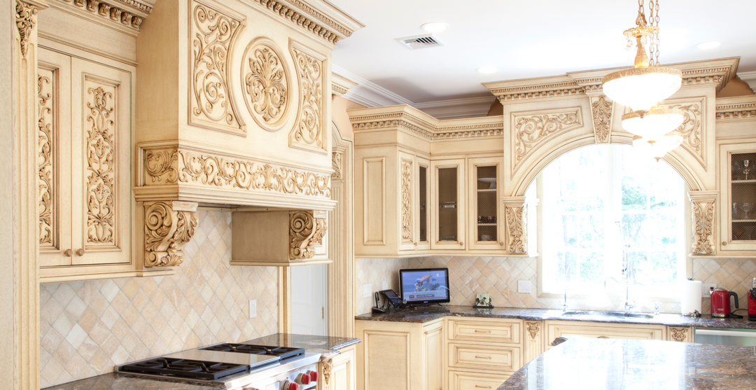 Almond and green handcarved kitchen Whitestone, NY | WL Kitchen & Home