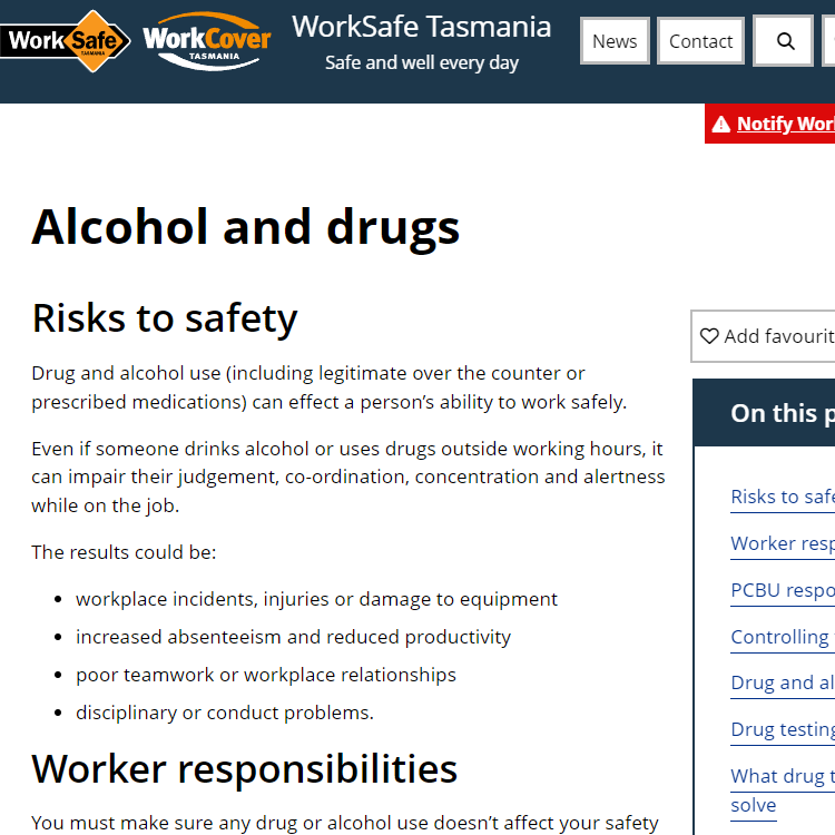 Worksafe Tasmania: Alcohol and drugs - CODE